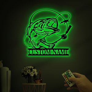Custom Bass Fishing Metal Sign Led Lights, Fishing Metal Wall Art ...