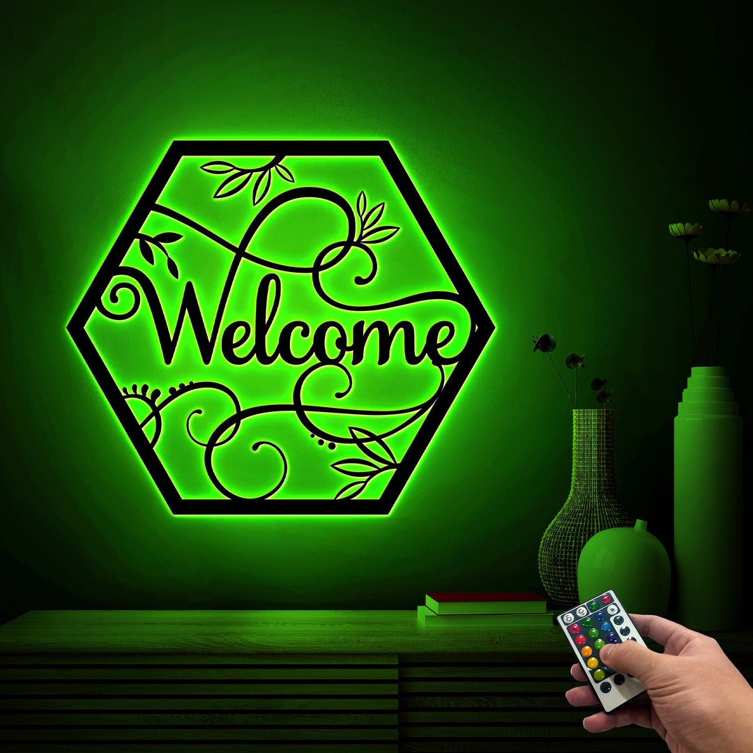 Metal Welcome Sign With LED Lights, Hecxagon Welcome Door Sign ...