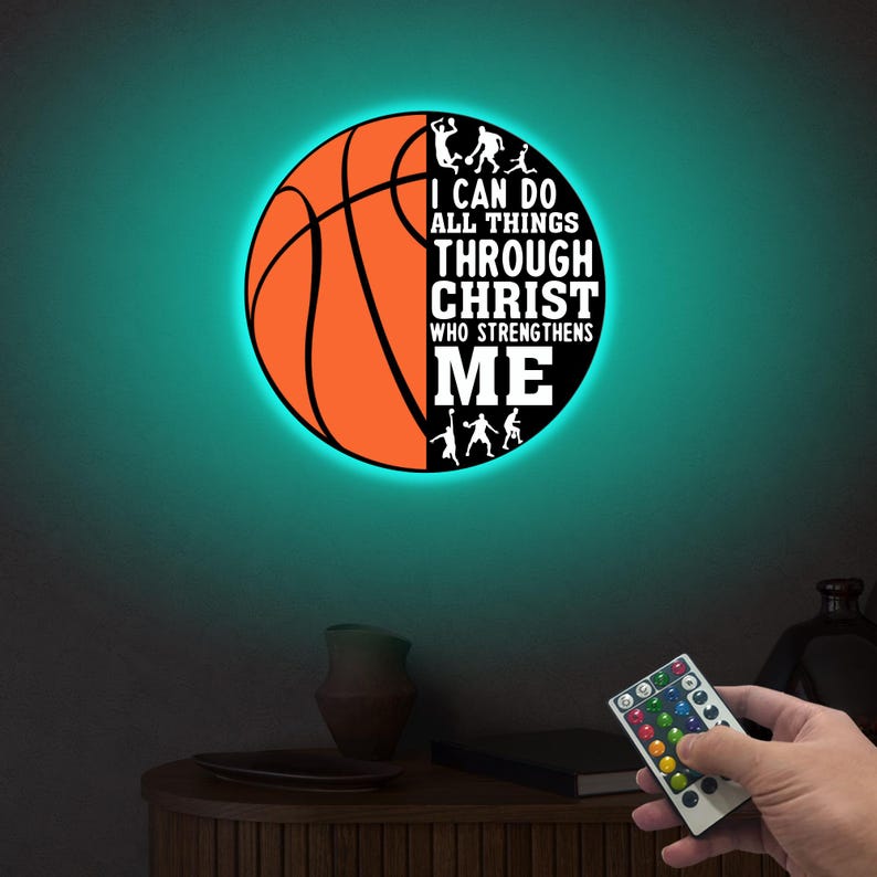 Christian Basketball Metal Sign LED Lights, Faith Cross Wall Art ...