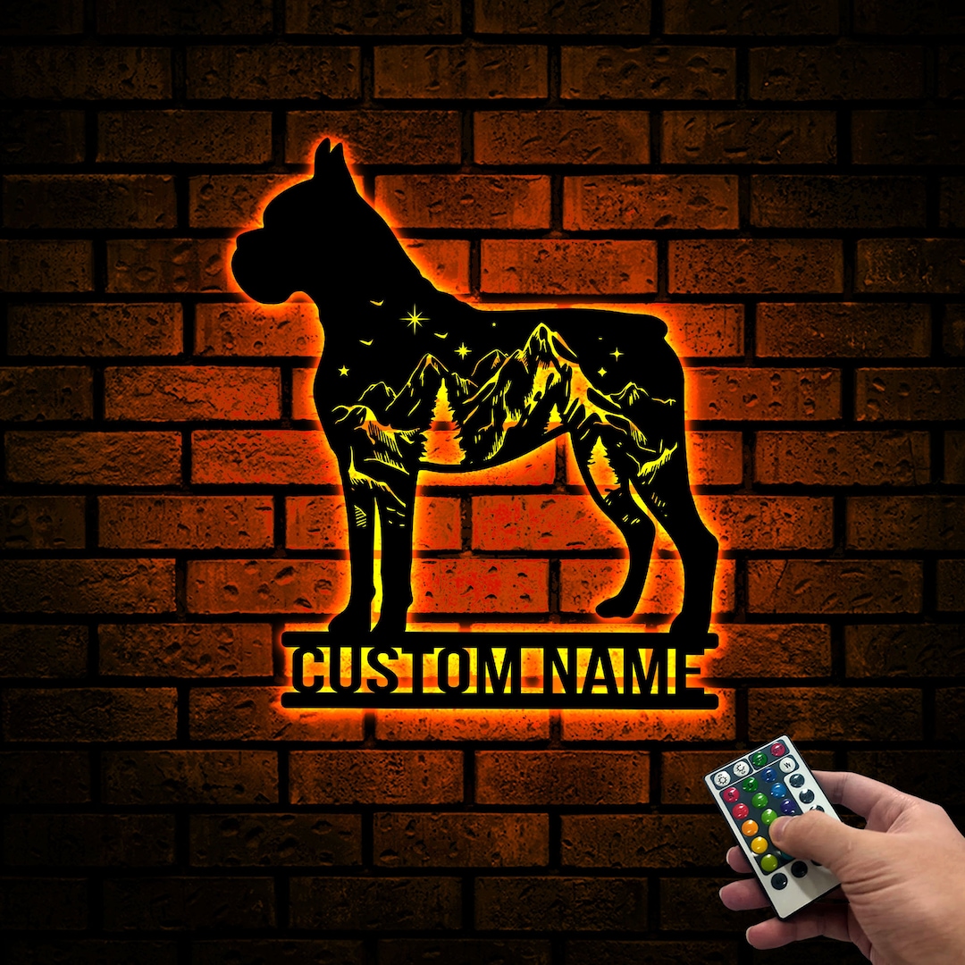 Custom Boxer Dog Metal Wall With LED Lights, Dog Name Sign, Mountain ...
