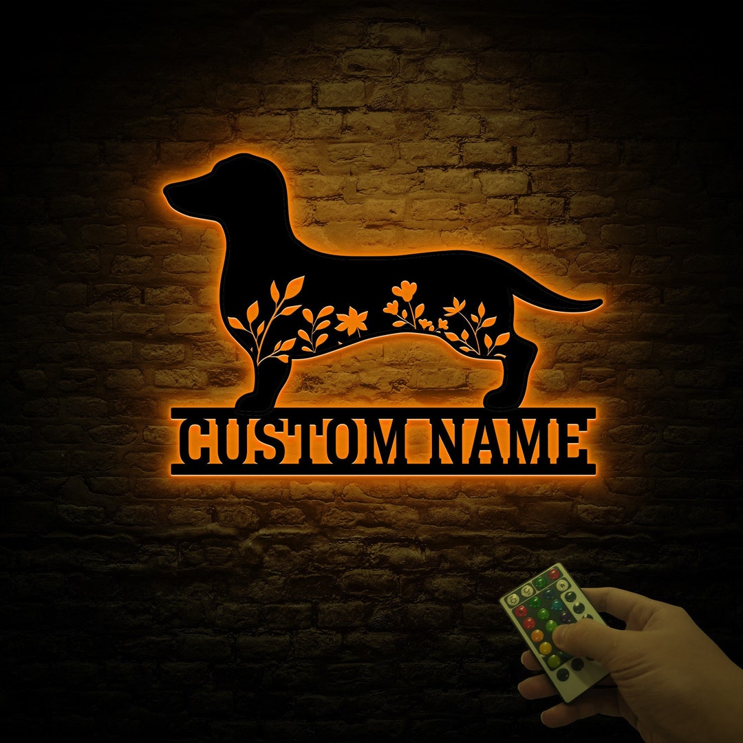Floral Dachshund Metal Sign Led Light, Flower Dog Name Wall Art ...