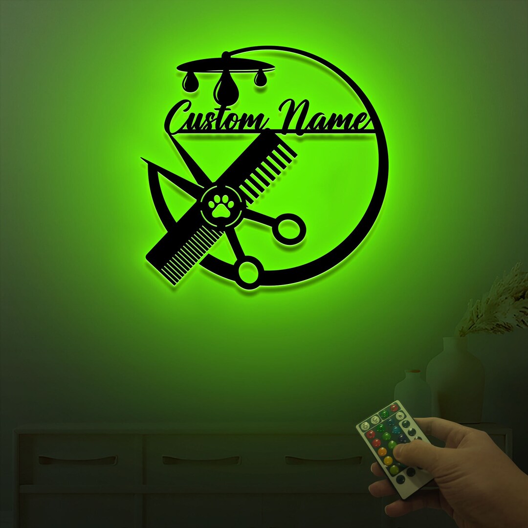 Custom Pet Grooming Hair Salon Metal Wall Art LED Light, Pet Salon Sign ...