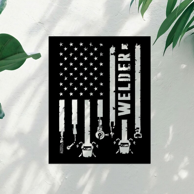 Welder American Flag Wall Art With LED Lights, Welder Name Sign ...