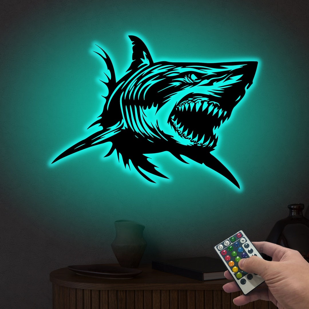 Shark Metal Sign Wall Art With LED Lights, Fish Metal Sign, Ocean Wall ...