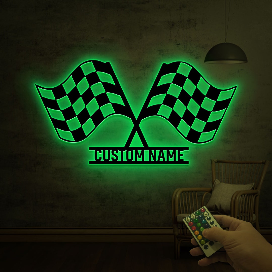 Custom Car Racing Metal Sign With LED Lights, F1 Flag Sign, Finish ...