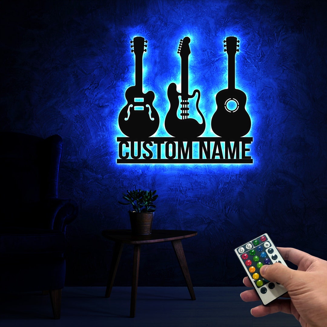 Personalized Guitar Metal Sign With LED Light, Silhouette Guitar Player ...