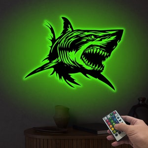 Shark Metal Sign Wall Art With LED Lights, Fish Metal Sign, Ocean Wall ...