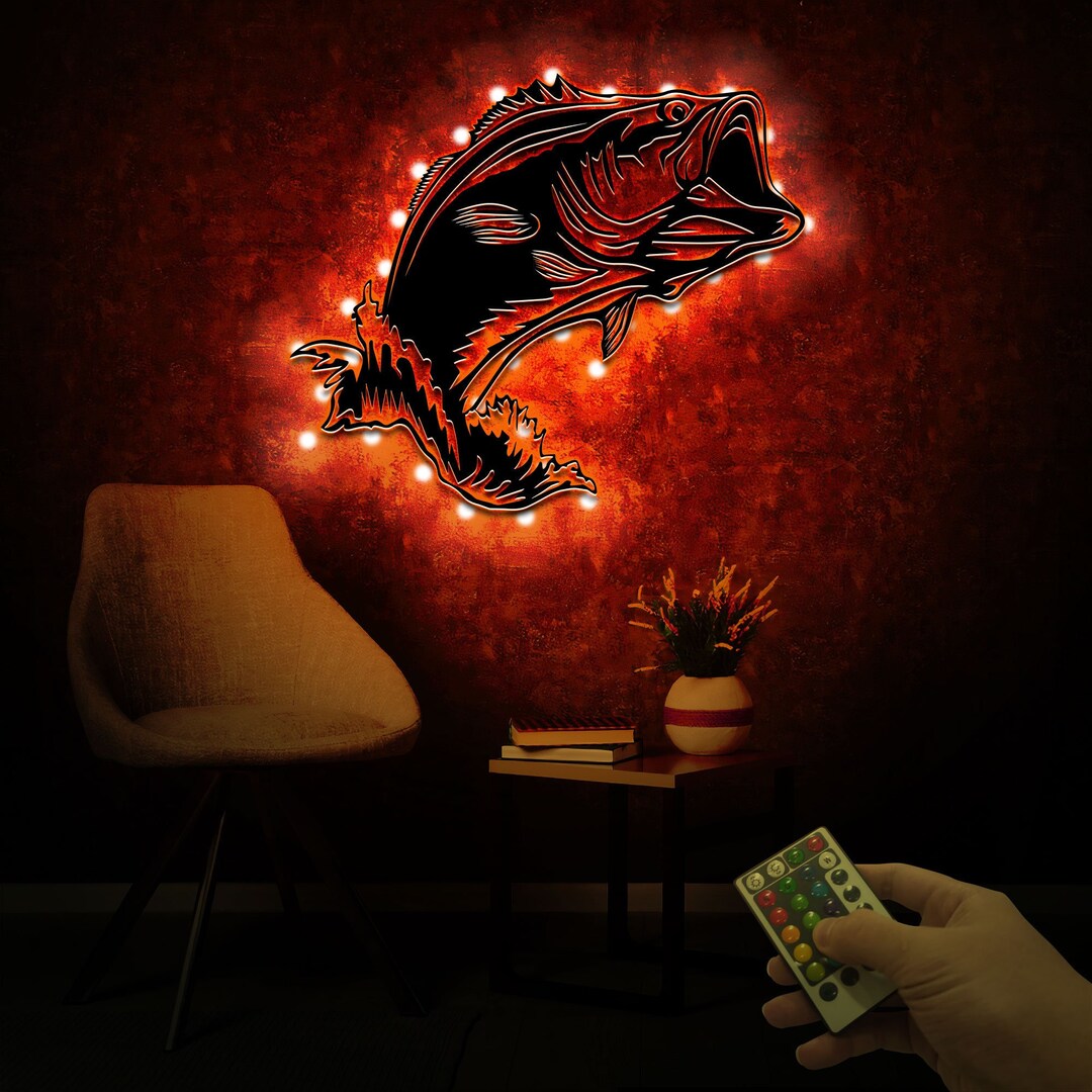 Bass Fishing Metal Sign With LED Lights, Bass Fish Wall Art, Metal Bass ...