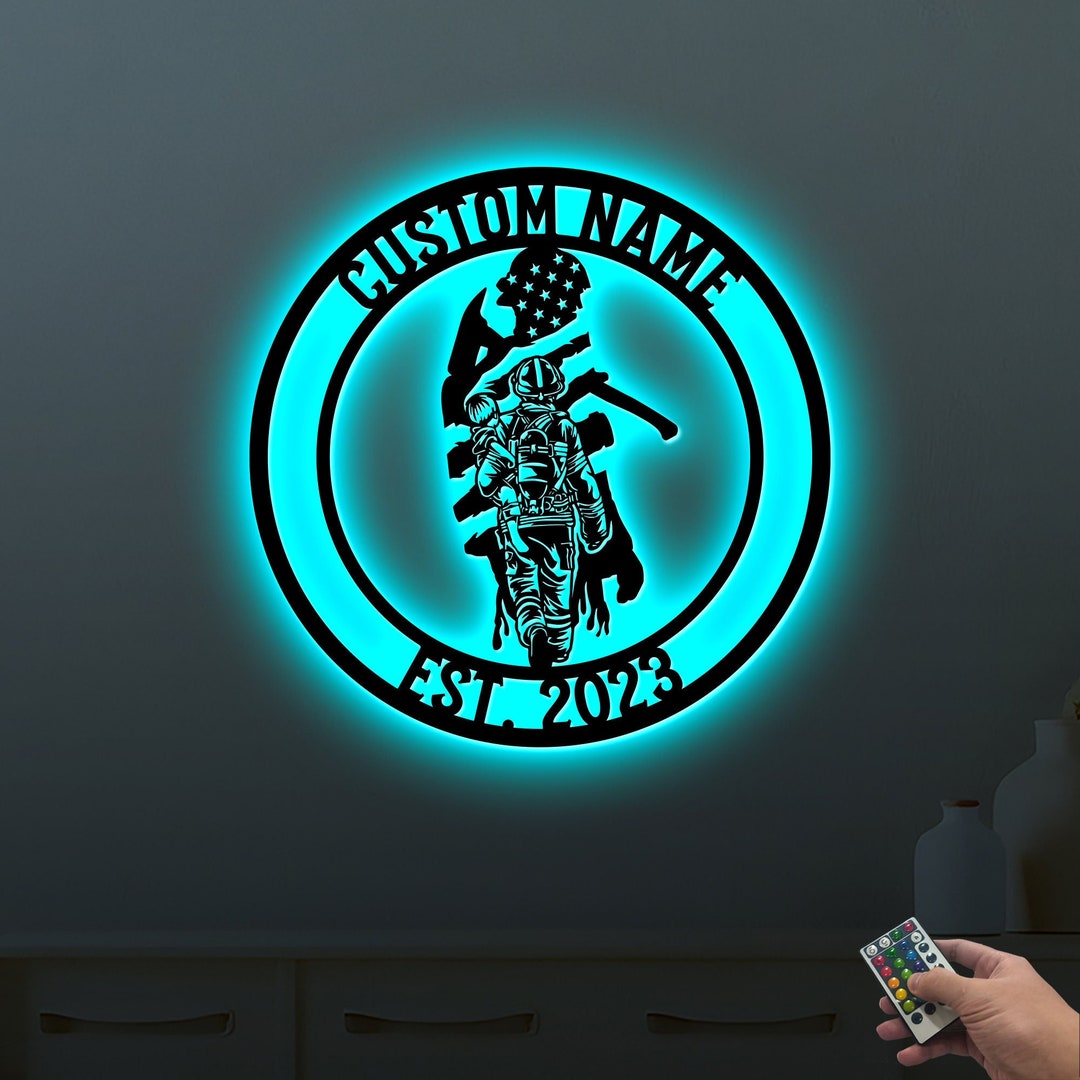 Custom Firefighter Metal Sign LED Light, US Flag Fireman Name Sign ...