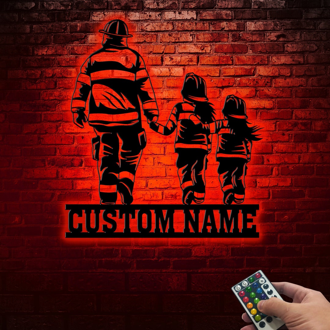 Personalized Firefighter Father and Kids Metal Sign With LED Light ...