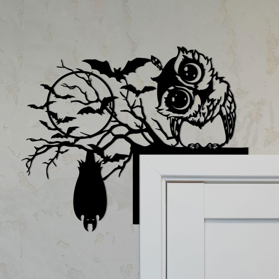 Halloween Door Corner Sign, Cat Owl on a Tree Branch With Bat, Owl Door ...