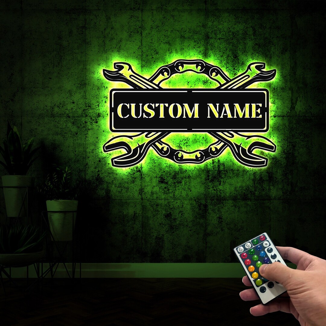 Custom Garage Sign With LED Lights, Personalized Workshop Sign, Metal ...