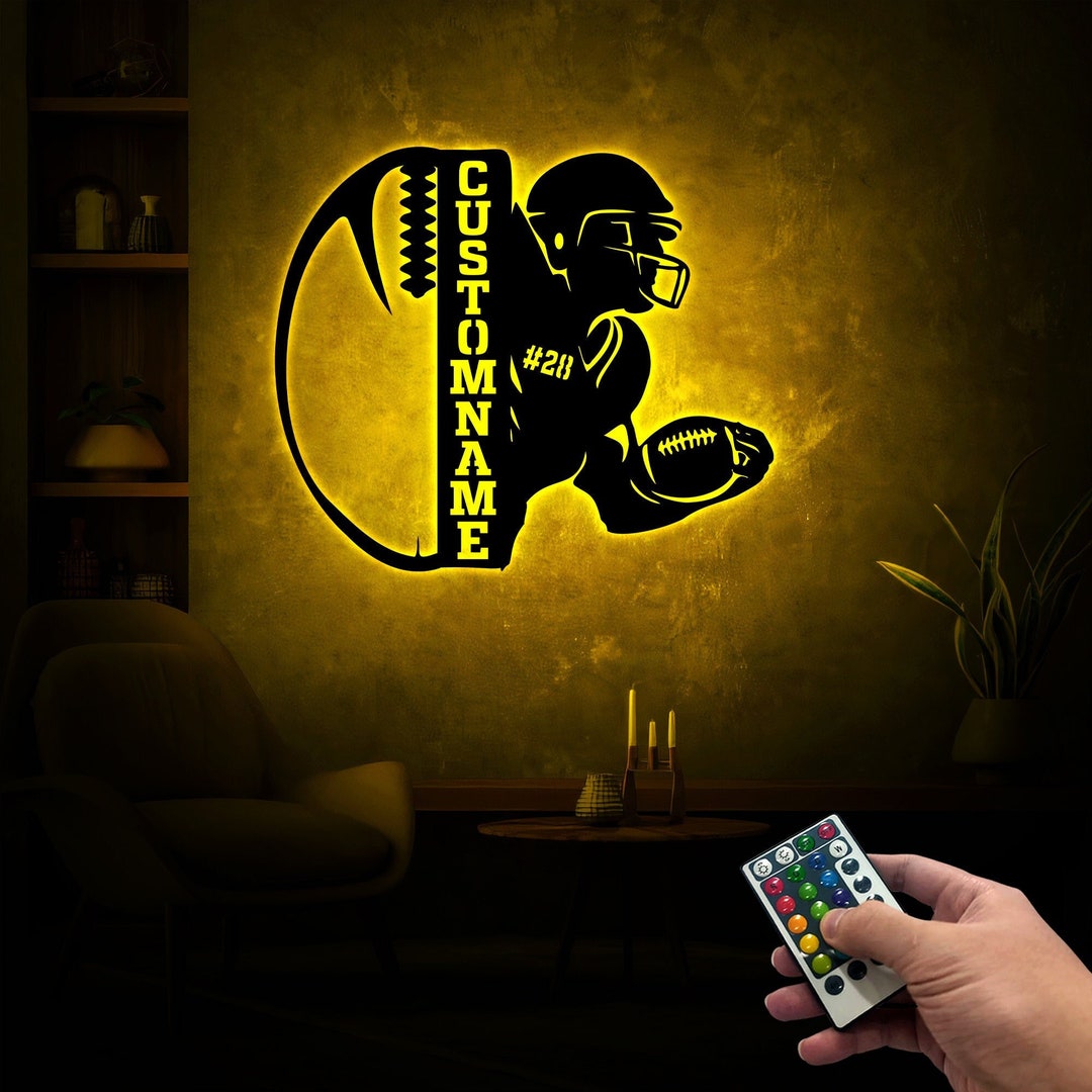 Personalized Football Metal Wall Art With LED Light, Football Player ...