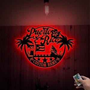 Personalized Puerto Rico Flag Metal Wall Art LED Light, Custom Puerto ...