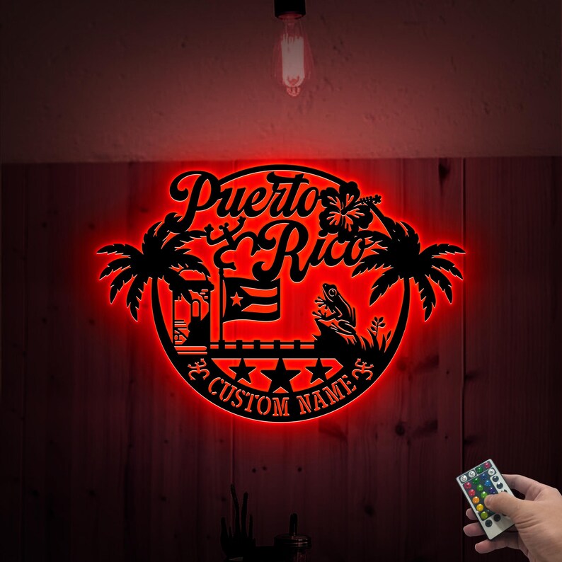 Personalized Puerto Rico Flag Metal Wall Art LED Light, Custom Puerto ...