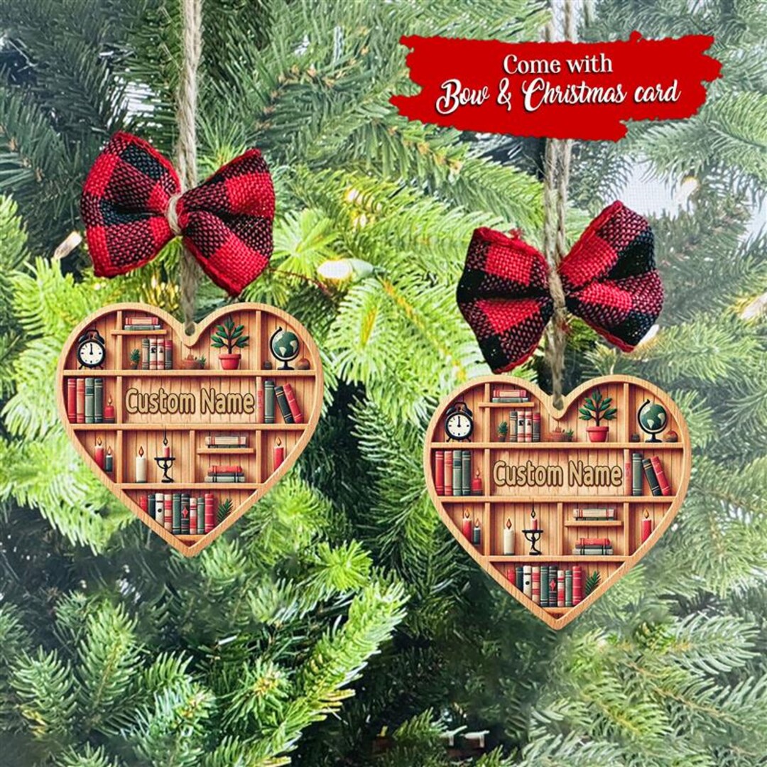 Personalized Heart Bookcase Ornament, Custom Bookshelf Wood Ornament ...