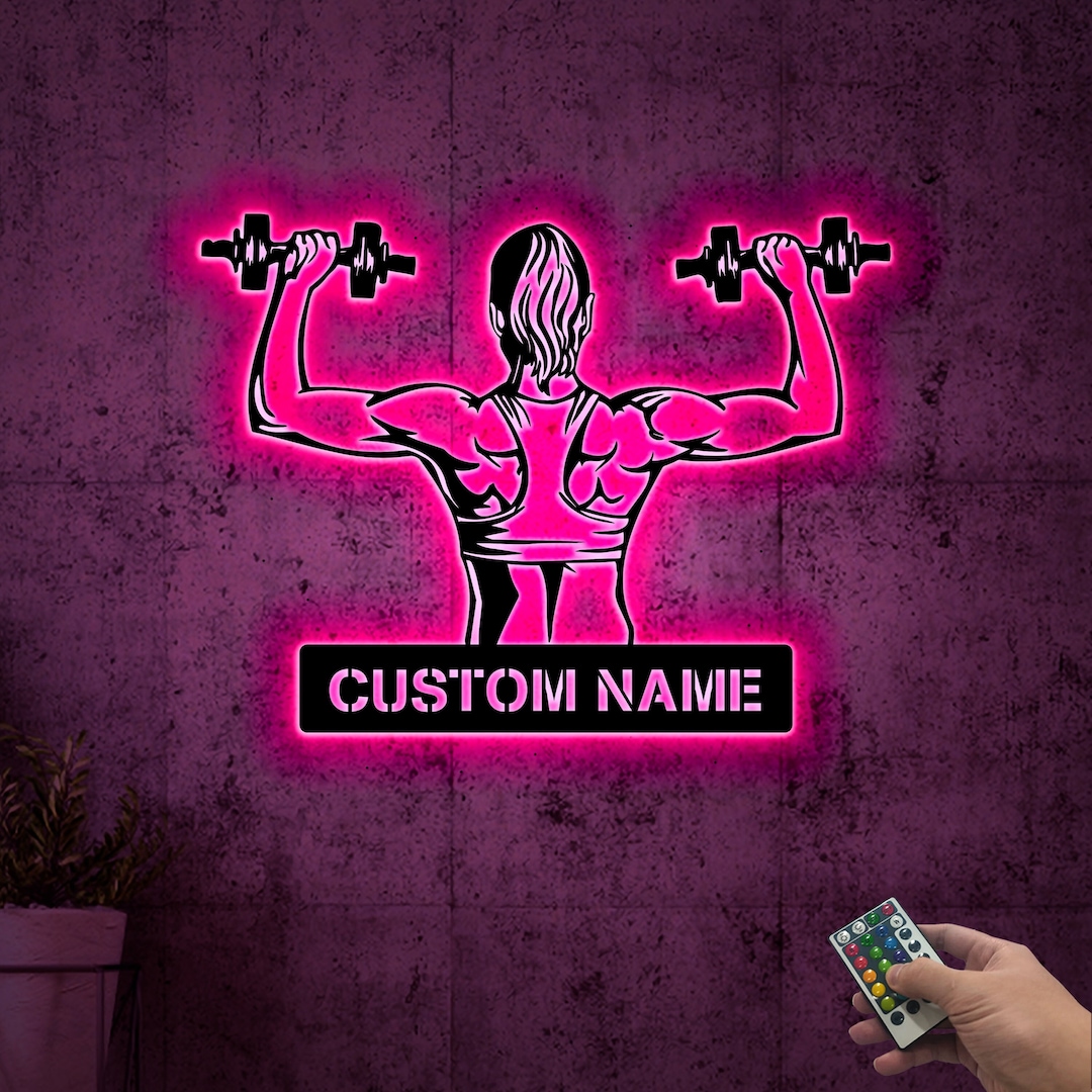 Custom Women's Fitness Metal Sign With LED Lights, Gym Dumbbell ...