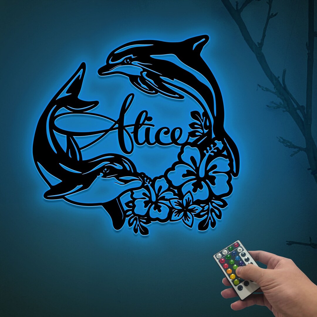 Customized Dolphin Metal Sign LED Lights, Dolphin Wall Art With Flowers ...