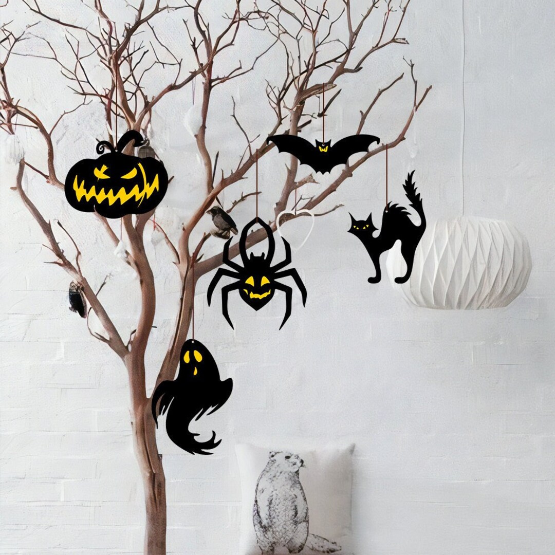 Set 5 Hanging Halloween Decor, Pumpkin Wall Art, Black Cat Witch Decor ...