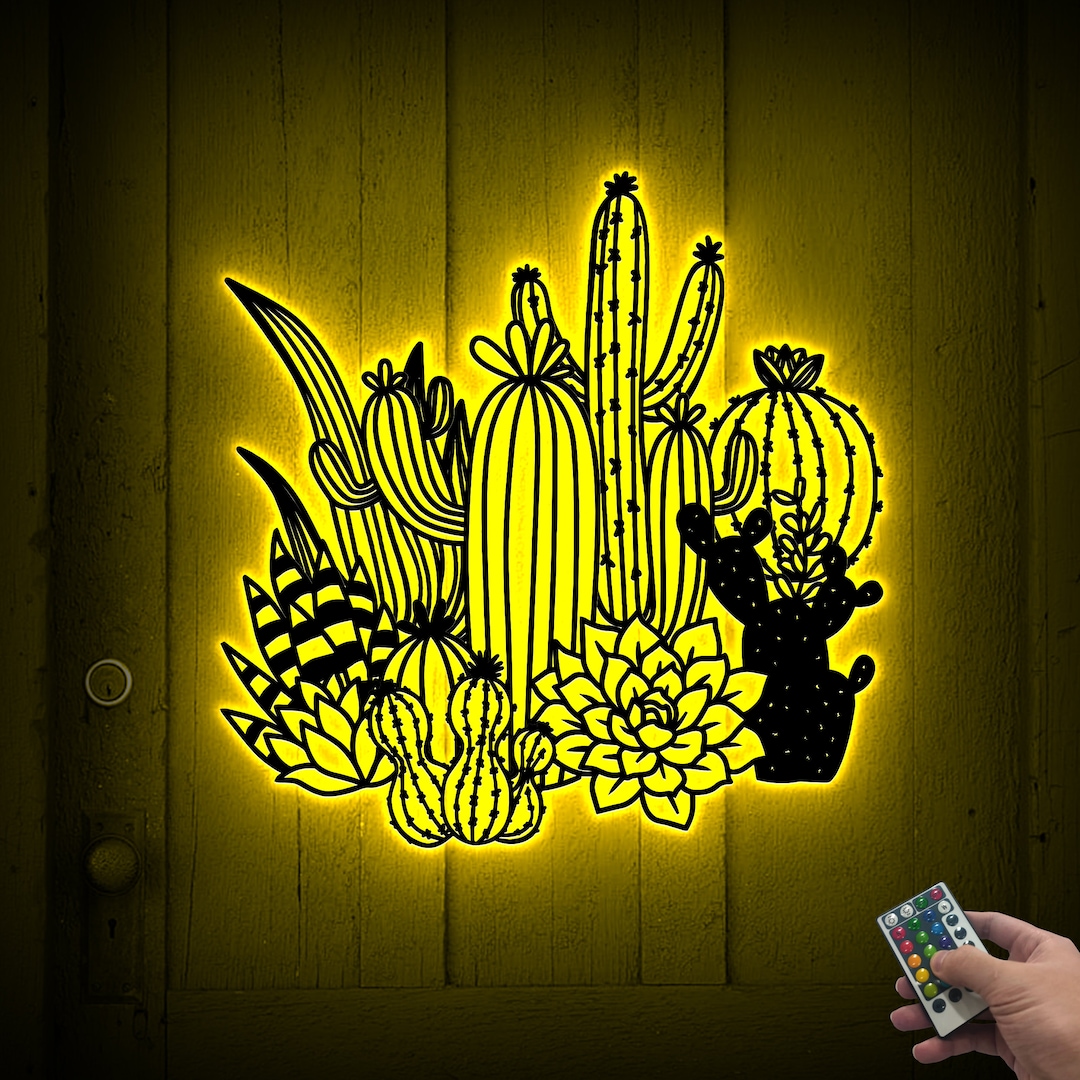 Cactus Metal Wall Art With Led Light, Cactus Flower Metal Sign, Home ...