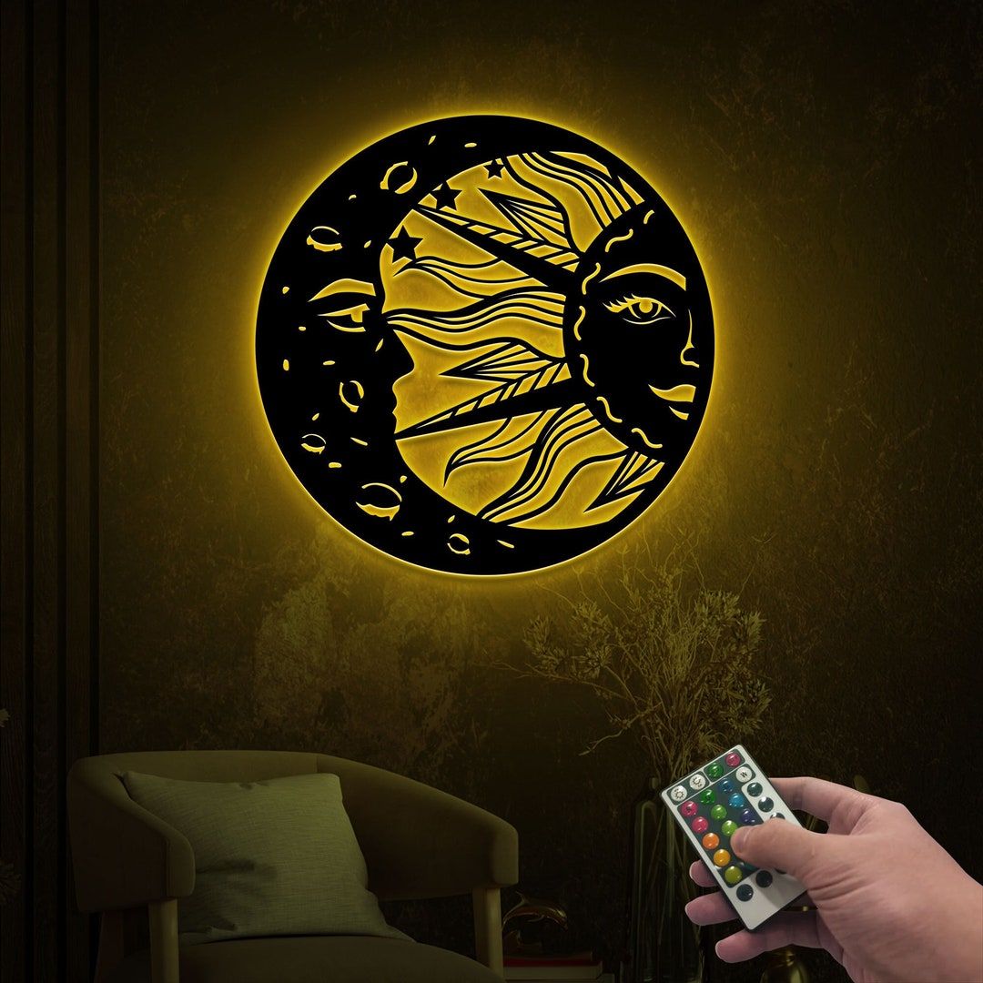 Sun and Moon Metal Sign Wall Art With Led Lights, Day and Night Sign ...