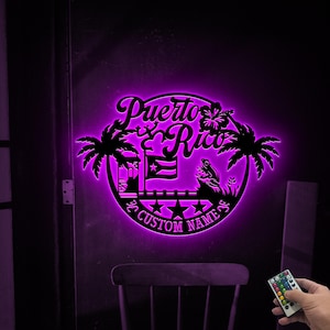 Personalized Puerto Rico Flag Metal Wall Art LED Light, Custom Puerto ...