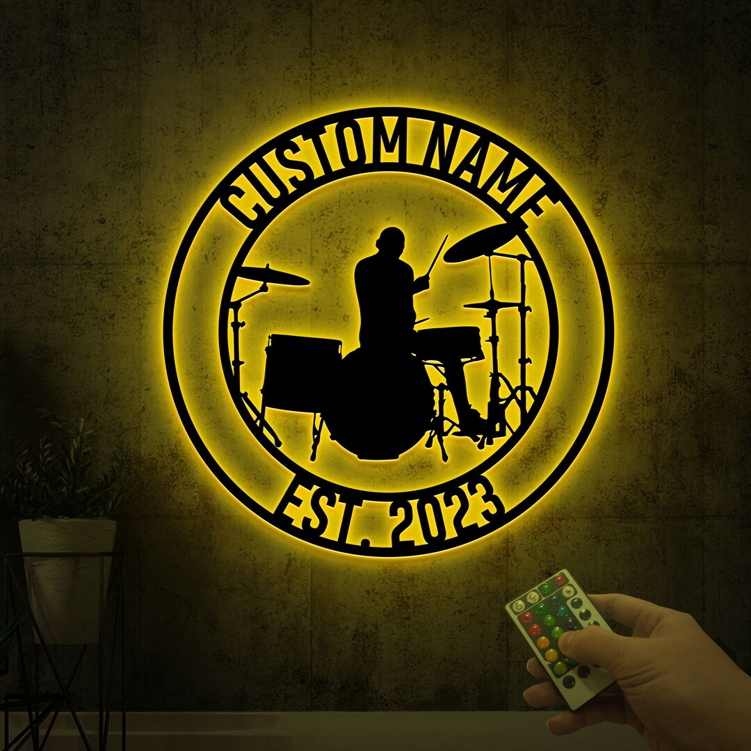 Drummer Male Metal Wall Art With Led Light, Drum Teacher Gift Music ...