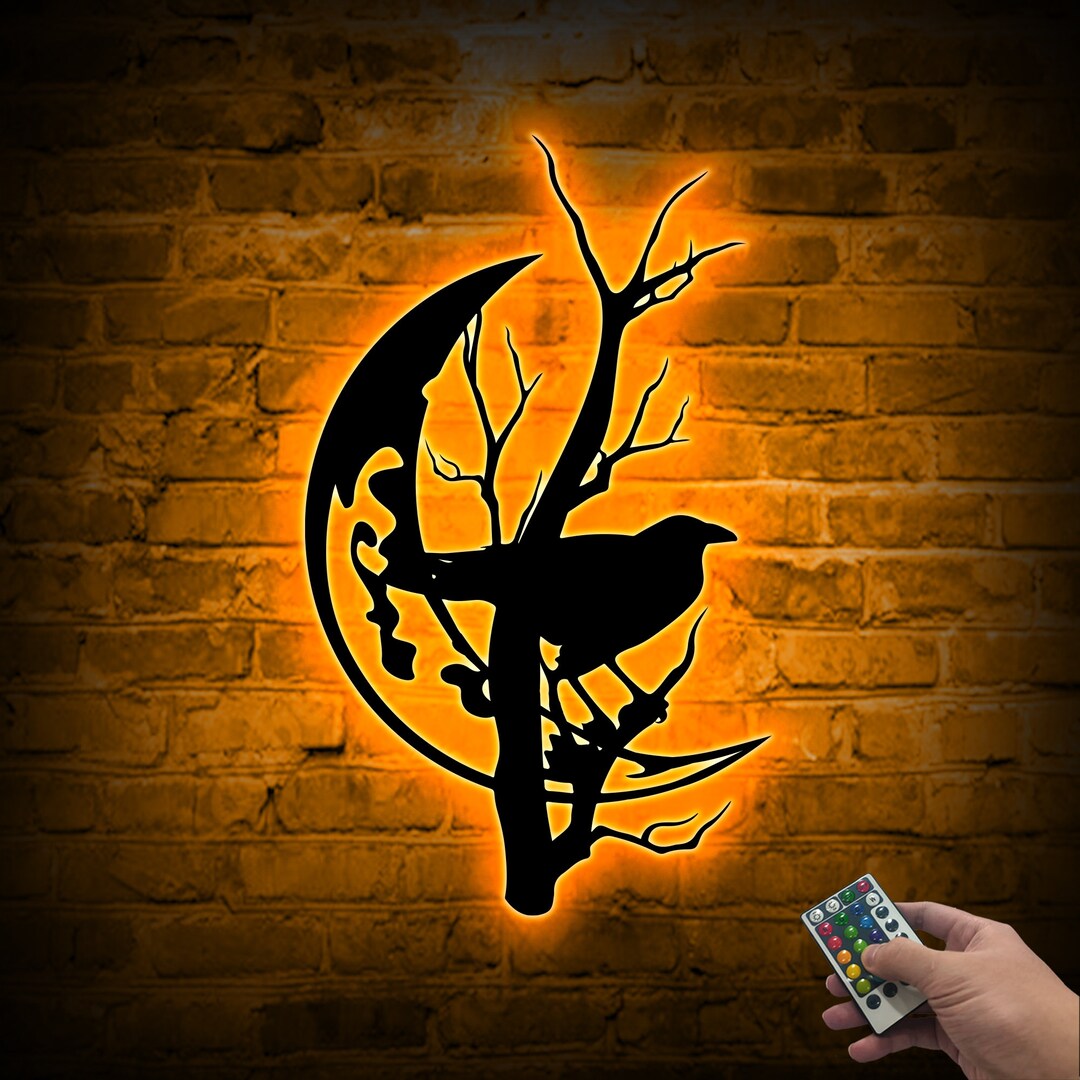 Raven on the Moon Metal Sign Wall Art With Led Lights, Crow Moon Sign ...