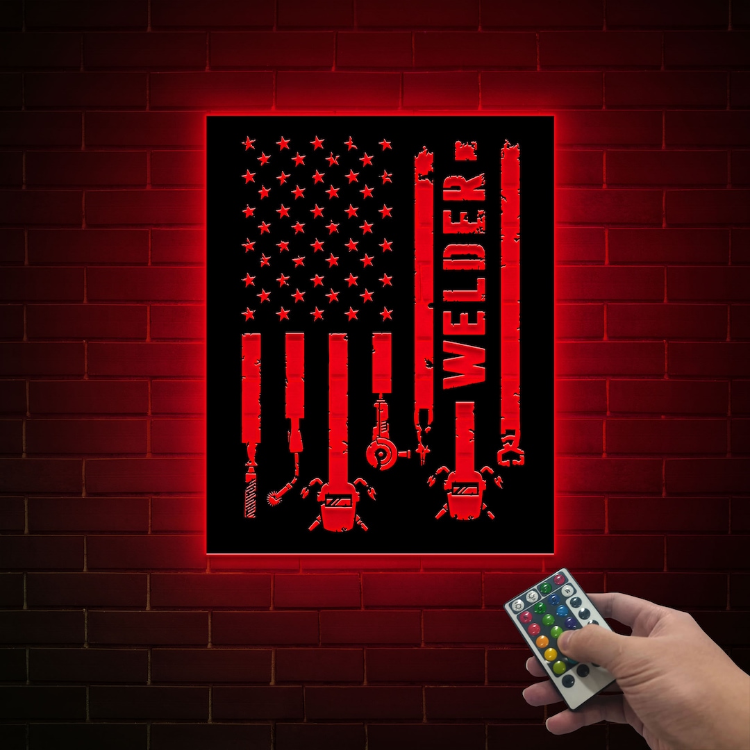 Welder American Flag Wall Art With LED Lights, Welder Name Sign ...