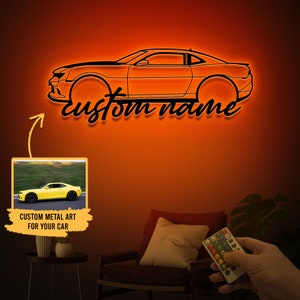 Custom Name Car Silhouette Metal Sign With Light, Car Metal Wall Art ...