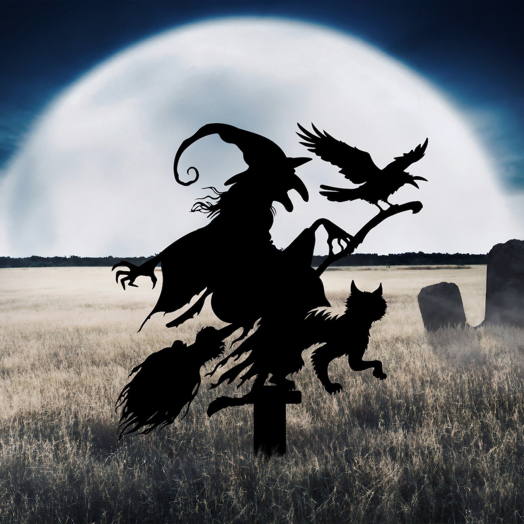 Witch With Broomstick Metal Garden Sign, Halloween Sign, Witch With Cat ...