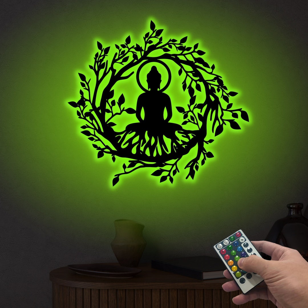 Buddha Metal Sign Wall Art With Led Lights, Hindu Wall Decor, Tree of ...