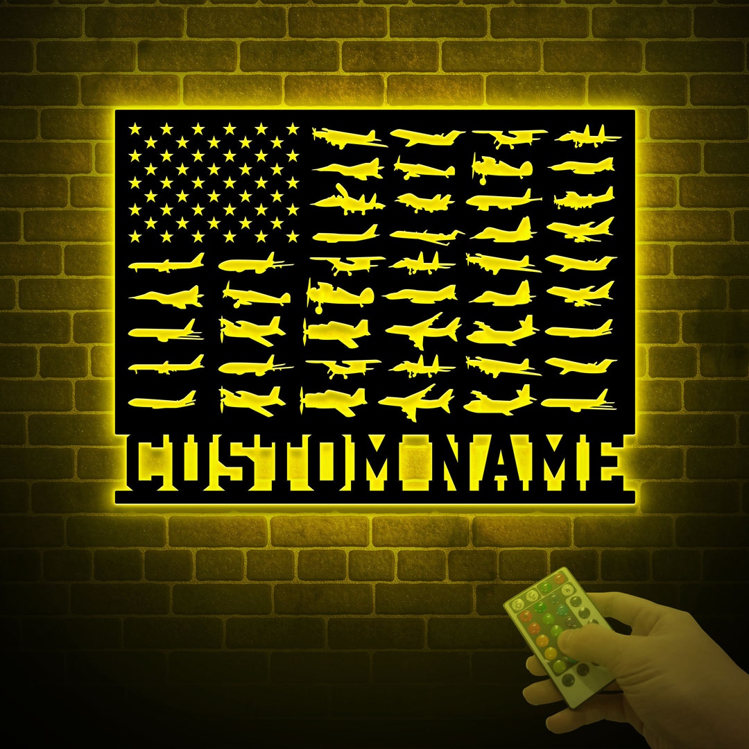 Custom Airplane American Flag Wall Art With LED Lights, Airplane Metal ...