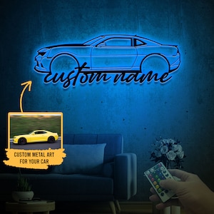 Custom Name Car Silhouette Metal Sign With Light, Car Metal Wall Art ...