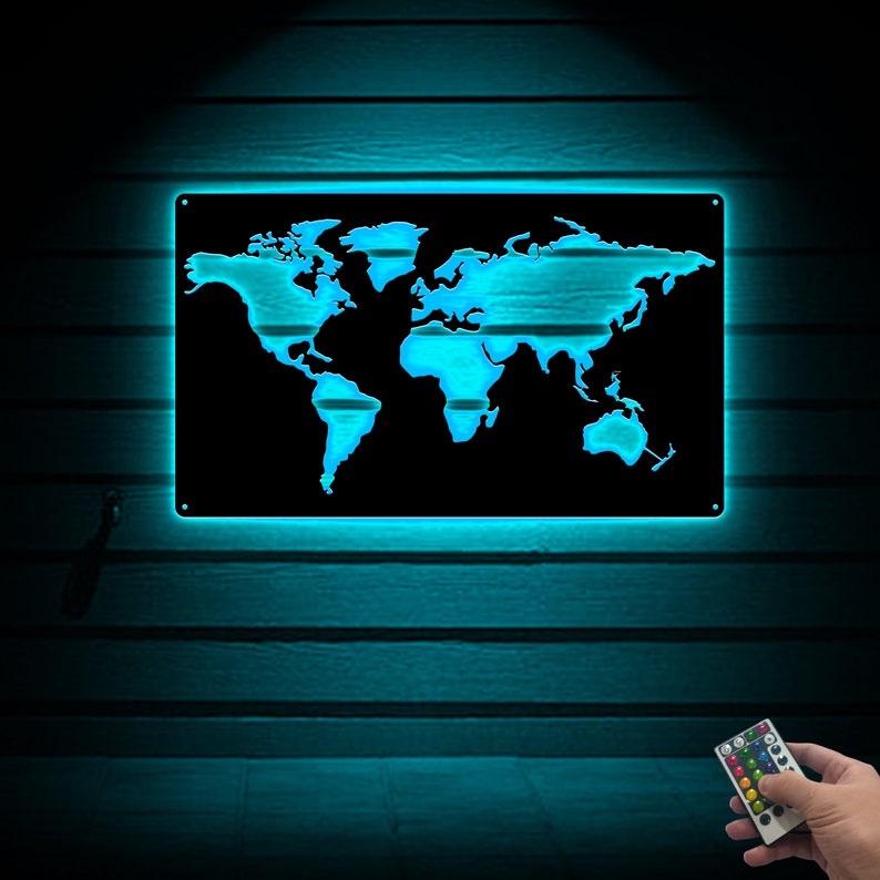 Metal World Map Continents Sign With LED Lights World Map - Etsy