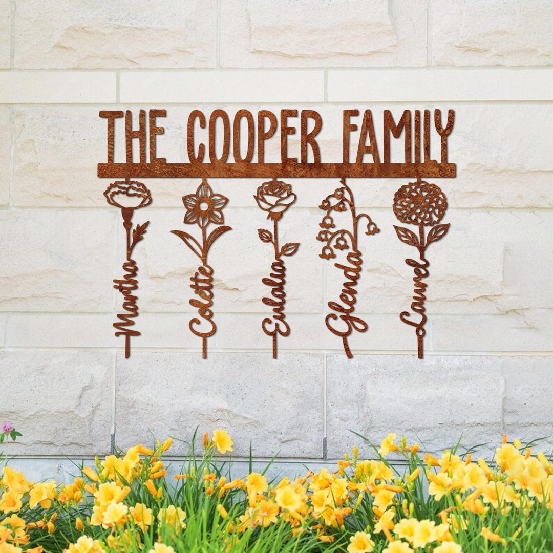 Family Birth Flower Rusty Metal Sign Personalized, Rustic Wall Decor ...