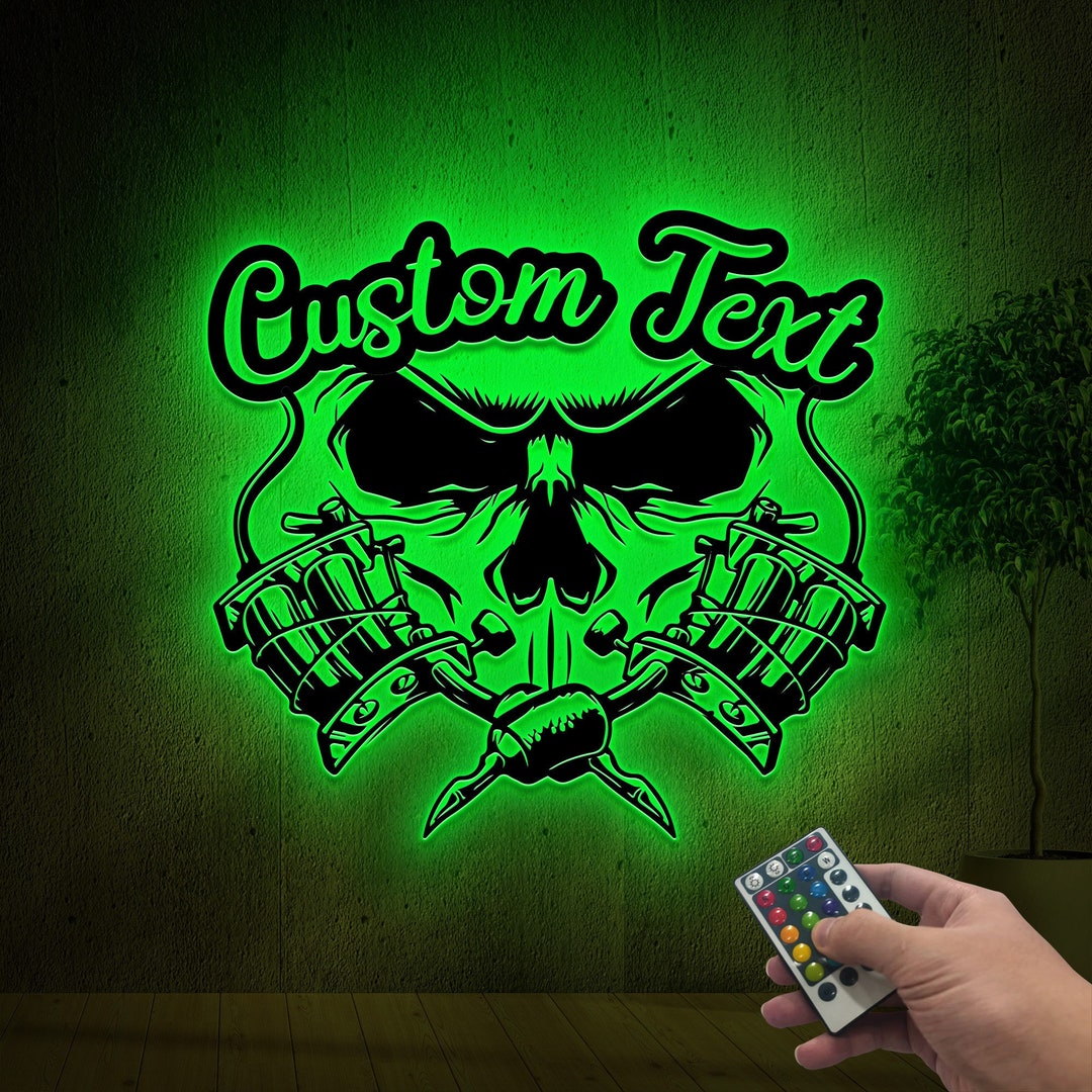 Personalized Skull Tattoo Machine Metal Sign With Led Lights, Tattoo ...