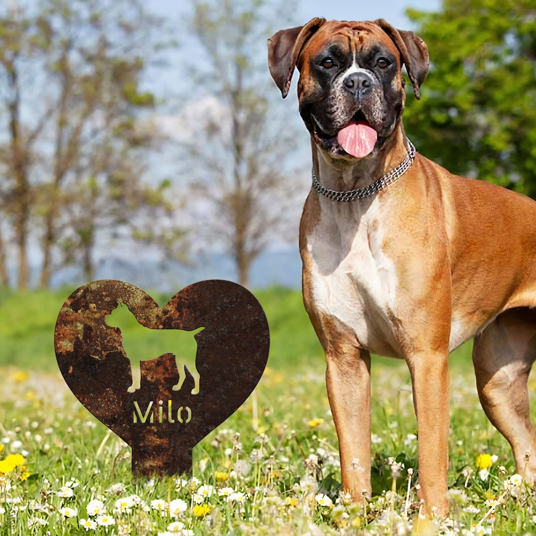 Boxer Dog Garden Stake, Rustic Metal Dog Grave Marker, Dog Name Sign, Dog Memorial Gift, Garden ...