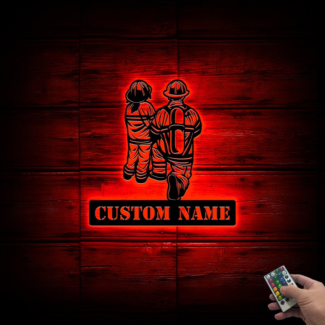 Custom Firefighter Metal Sign With LED Lights, Fireman Name Sign ...