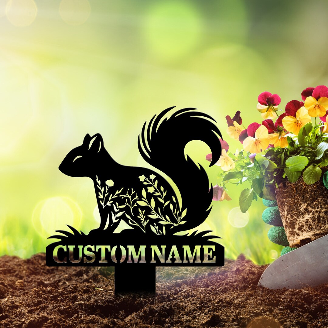 Custom Floral Squirrel Metal Garden Stake, Personalized Garden Sign ...