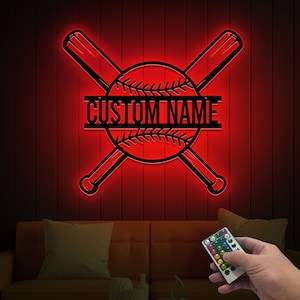 Custom Baseball Bat Metal Sign With LED Lights, Baseball Name Sign ...