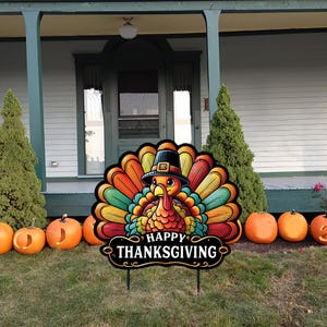 Thanksgiving Turkey Metal Garden Sign, Autumn Colors Happy Thanksgiving ...