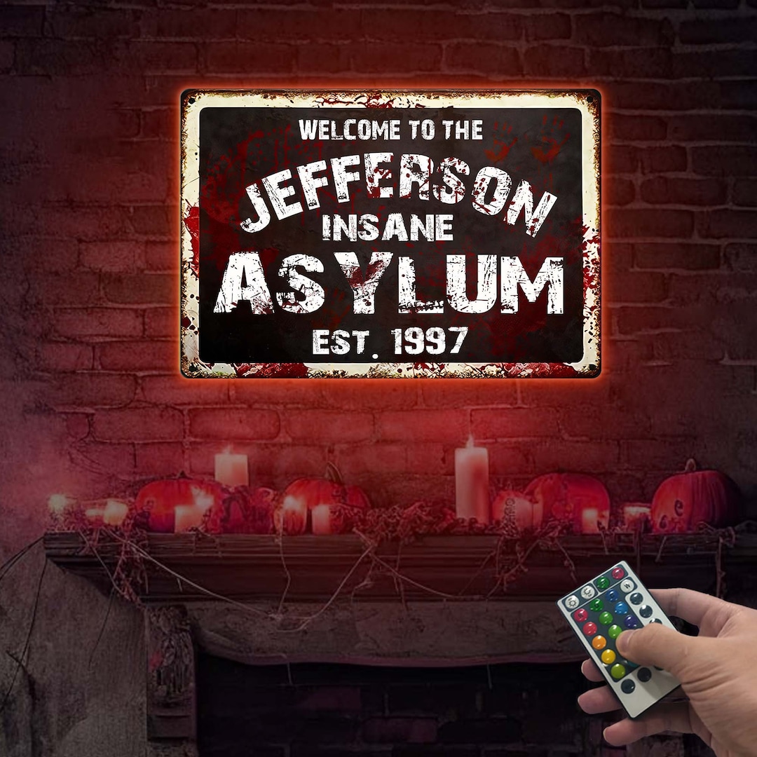 Custom Insane Asylum Metal Wall Art With Led Light, Family Asylum Home ...