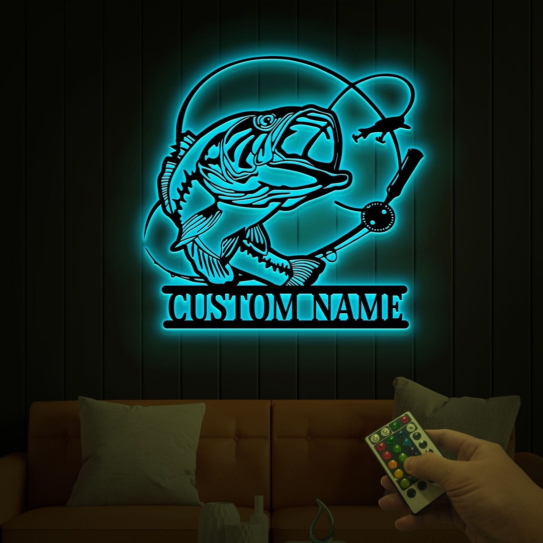Custom Bass Fishing Metal Sign Led Lights, Fishing Metal Wall Art ...