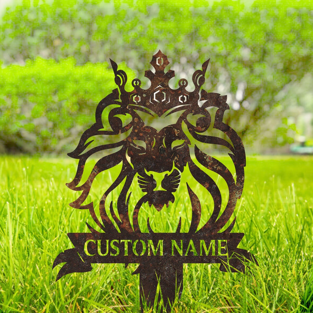 Personalized Lion Metal Stake, Rustic Rusty Metal Garden Sign, Lion ...