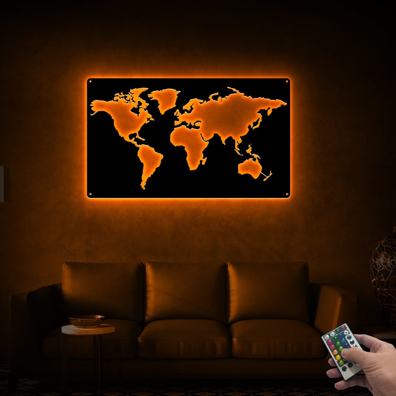 Metal World Map Continents Sign With LED Lights World Map - Etsy