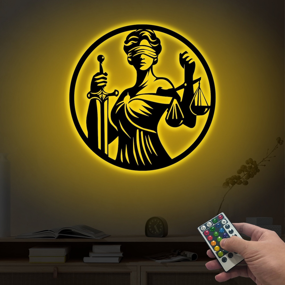 Lady Justice Metal Sign With Led Lights, Scale of Justice, Themis ...
