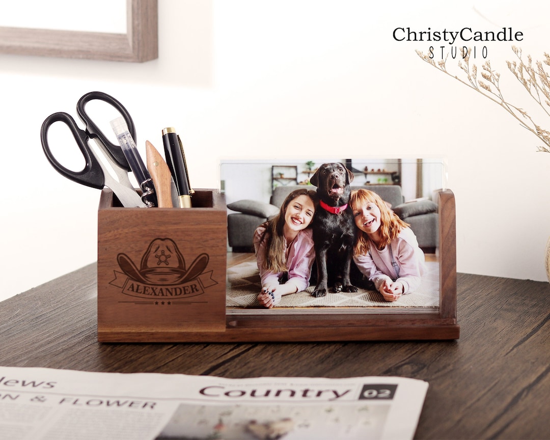 Personalized Pen Holder With Photo Frame - Pen Holder With Phone Stand ...