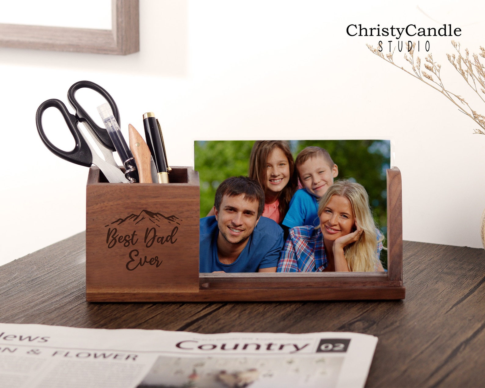 Personalized Pen Holder - Pen Holder With Photo Frame, Wood Desk ...