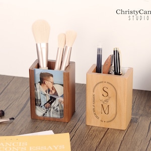 Personalized Pen Holder - Pen Holder With Photo Frame, Wood Desk ...